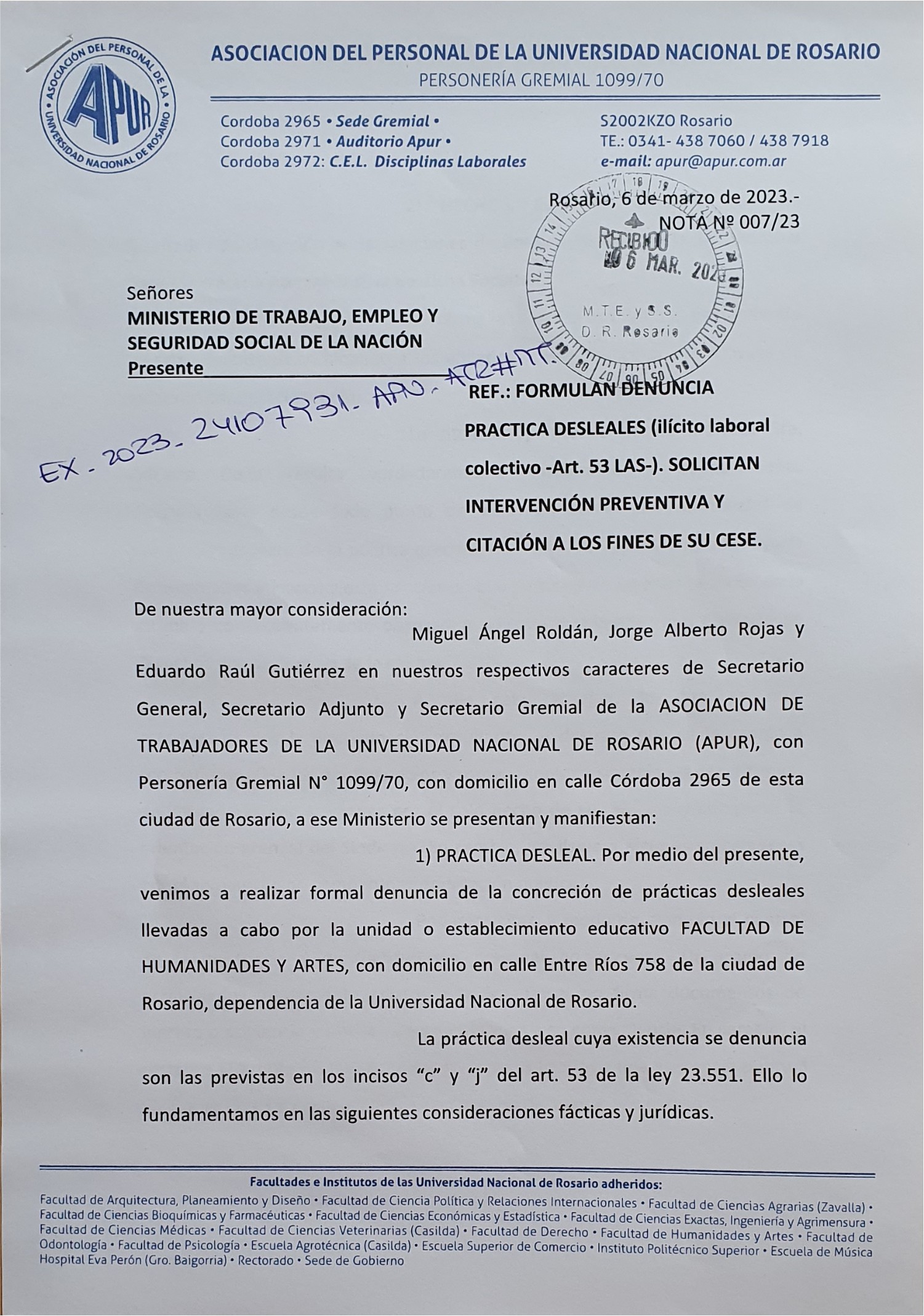 Solicitamos Intervención al Ministerio de Trabajo, Empleo y Seguridad Social de la Nación ante ...